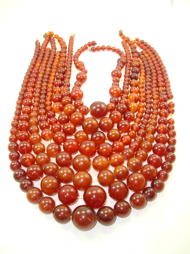 Lot of 8 Marbled Translucent Amber Color Bakelite Round Bead Necklaces ...