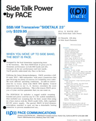 Vintage PACE Citizen Band Radio Systems Sidetalk Print Ad Sales Spec ...