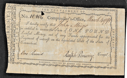 REVOLUTIONARY WAR 1791 CONNECTICUT COMPTROLLER PAY ORDER JOHN MEIGS FOR ...