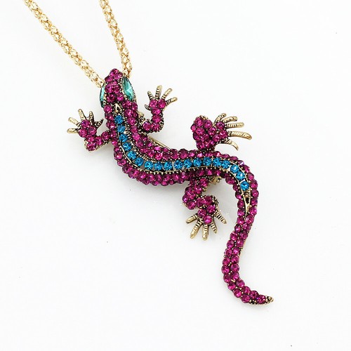 Fuchsia Crystal Gecko Lizard Pendant Sweater Chain Womens Necklace ...