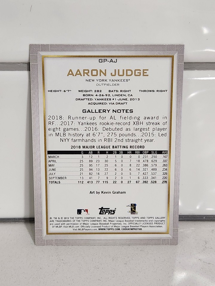 Aaron Judge Baseball Card Day 2019 Topps Gallery #GP-AJ New York ...