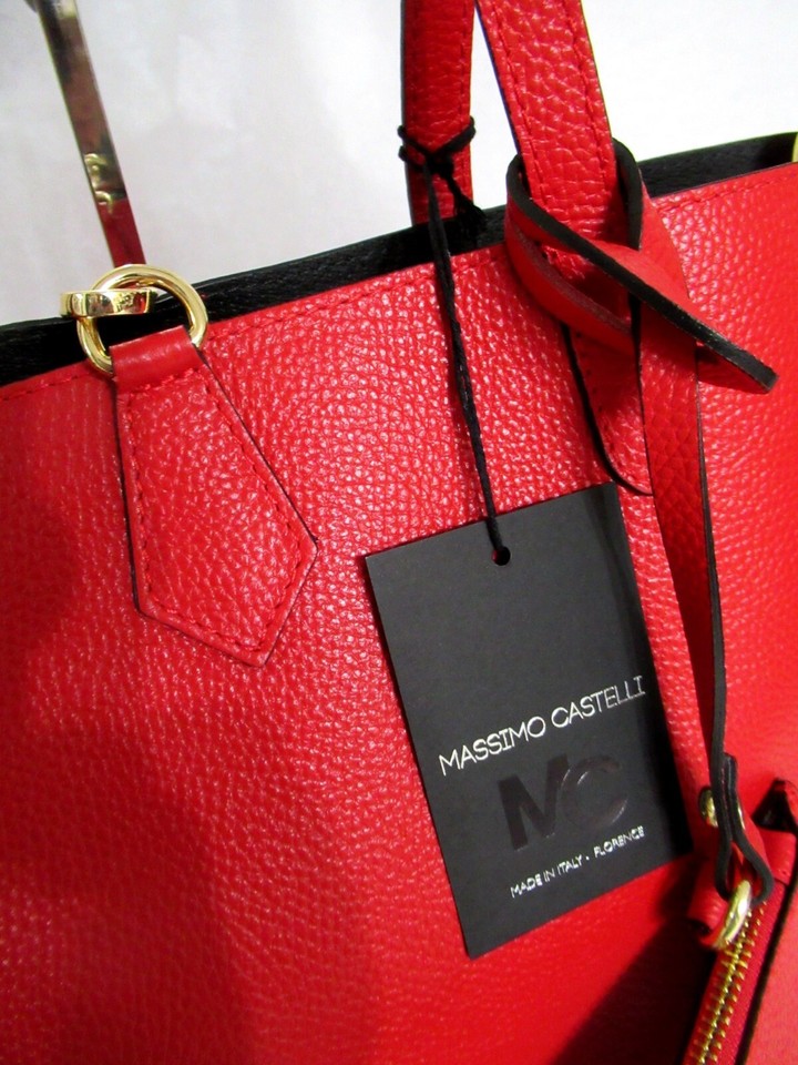 MASSIMO CASTELLI PEBBLED LEATHER XL TOTE BAG HANDBAG: 2 POUCHES - MADE ...