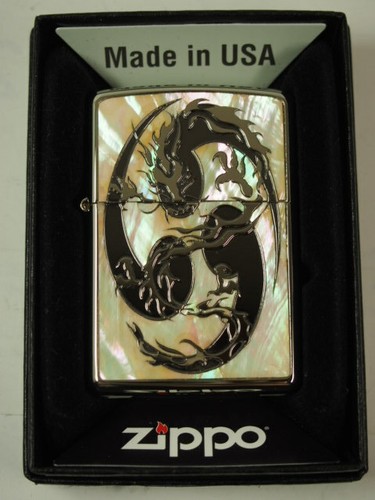 Zippo Oil Lighter Shell Inlays Dragon Black Nickel Mirror Single Sided ...