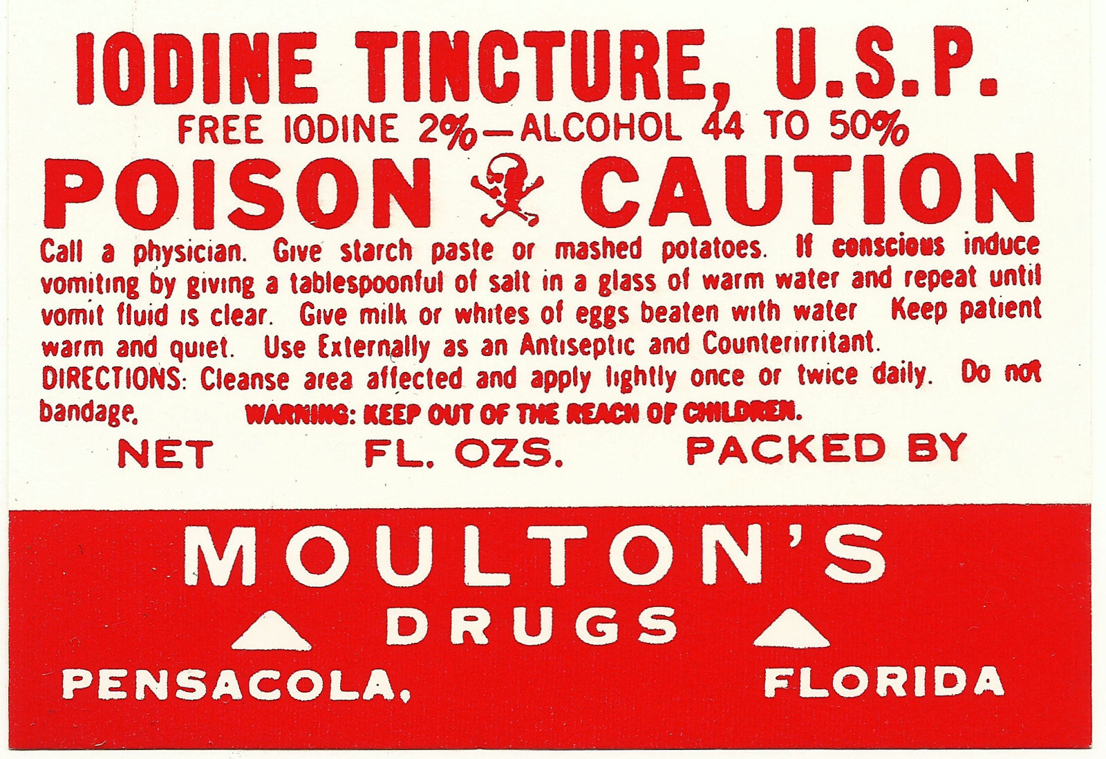 1 Antique Pharmacy Label IODINE TINCTURE U.S.P. Poison Moulton's Drugs ...