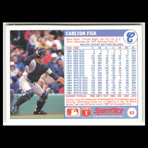 Carlton FIsk #43 1987 Sportflics Chicago White Sox Baseball Card MLB NM ...