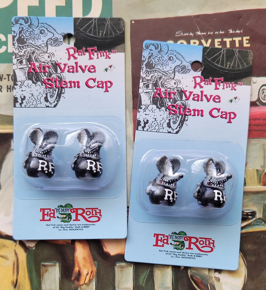 4 Grey RAT FINK Valve STEM CAPS Hot Rod MOON vtg style Custom Ed ROTH ...