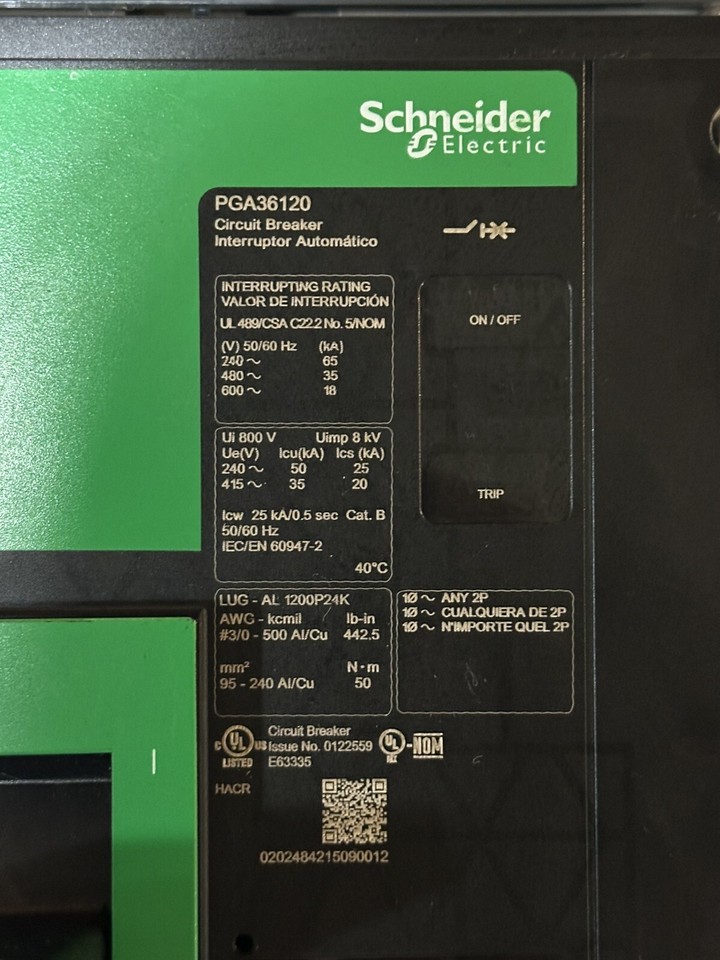 PGA36120 SQUARE D 3 Pole 1200 Amp 600VAC Frame PG 1200 PowerPact ...