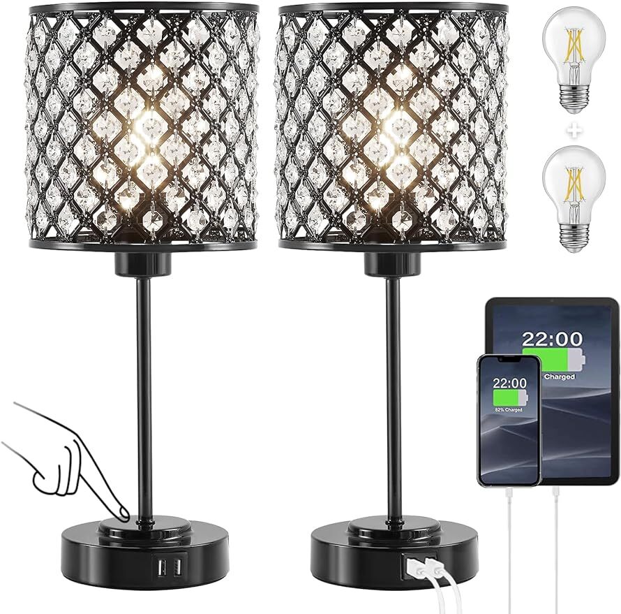 Touch Control Crystal Table Lamp Set of 2, Black Bedside Nightstand ...