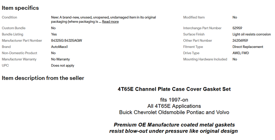 4T65E Transmission Channel Plate Gasket Set Metal fits 1997-2011 GM ...