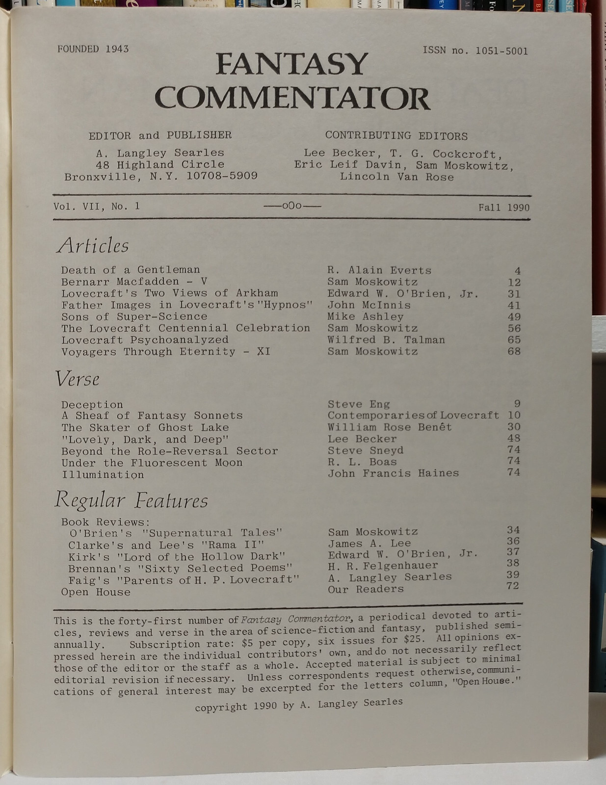 Fantasy Commentator 1990 - Lovecraft Centennial Edition, Arkham, Sam ...