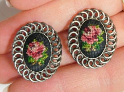 Vintage Petit Point Red Rose Flower Black Silver T Filigree Clip ...