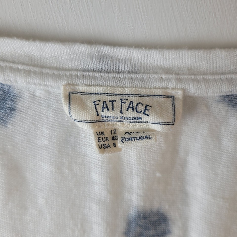 Fat Face Women Size 12 White Blue Spot Linen T-shirt Summer Top Casual ...