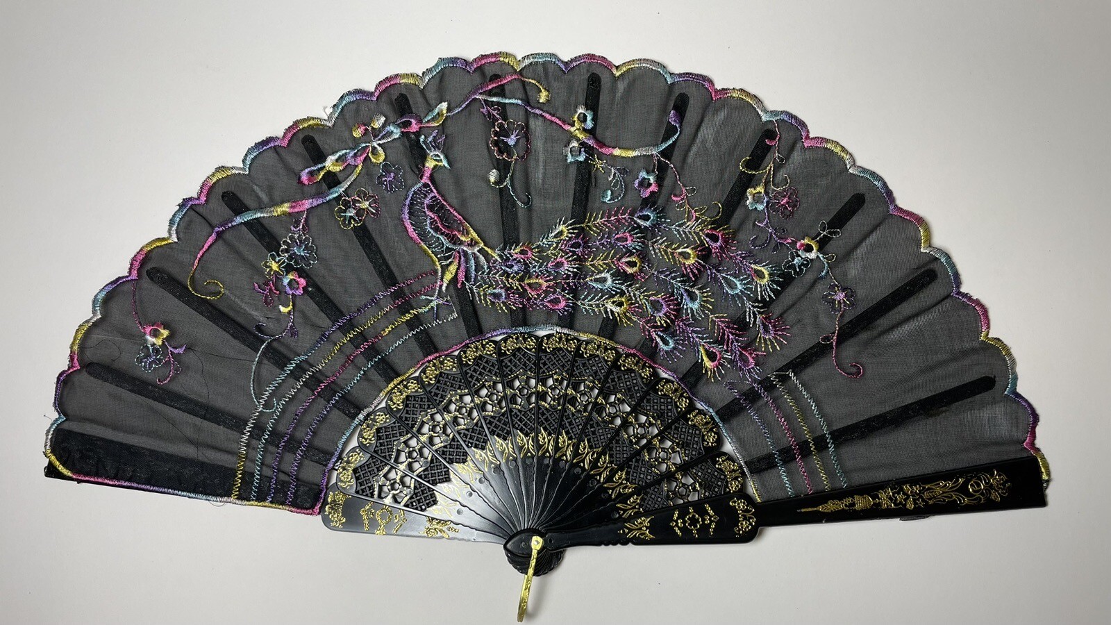Vintage Asian Hand Fan Black and Gold with Fabric Peacock 9” | eBay