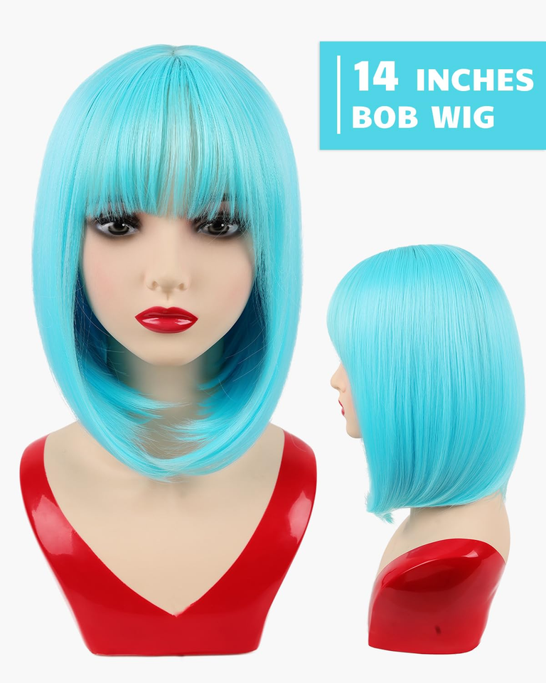 Short Teal Blue Bob Wig with Bangs, Straight Costume Turquoise Wig for ...