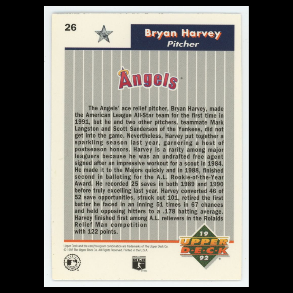Bryan Harvey #26 1992 Upper Deck All-Star FanFest California Angels ...