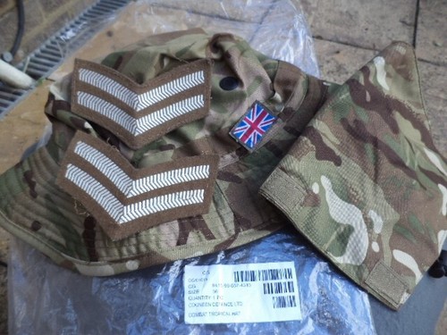 BRITISH ARMY TROPICAL BUSH HAT. MTP PATTERN, SMALL SIZE. & RANK BADGES ...