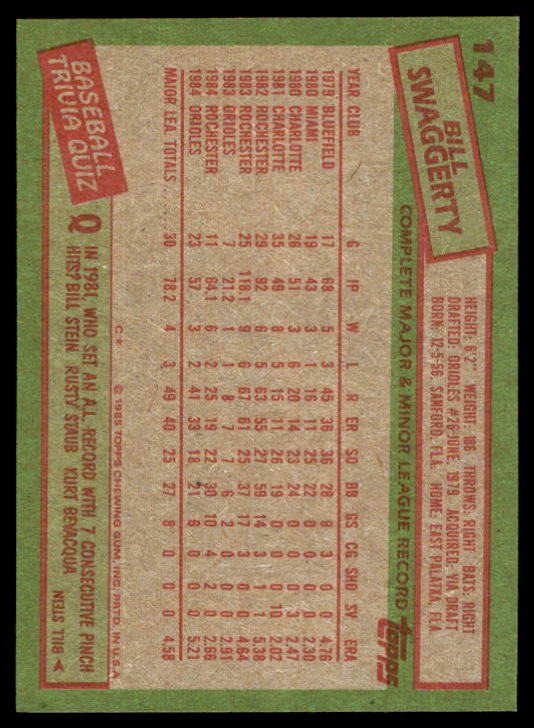 1985 TOPPS BASEBALL BALTIMORE ORIOLES #147 BILL SWAGGERTY | eBay