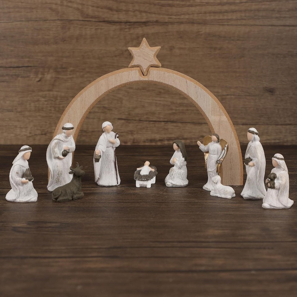 11 Pcs Scene Nativity Set,Holy Family Scene with Wooden Arched Stable ...