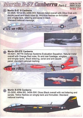 Print Scale Decals 1/72 MARTIN B-57 CANBERRA U.S. Air Force Jet Bomber ...