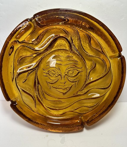 Blenko VTG Large Amber Glass Sun Face Ashtray 11 3/4” Heavy MCM ...