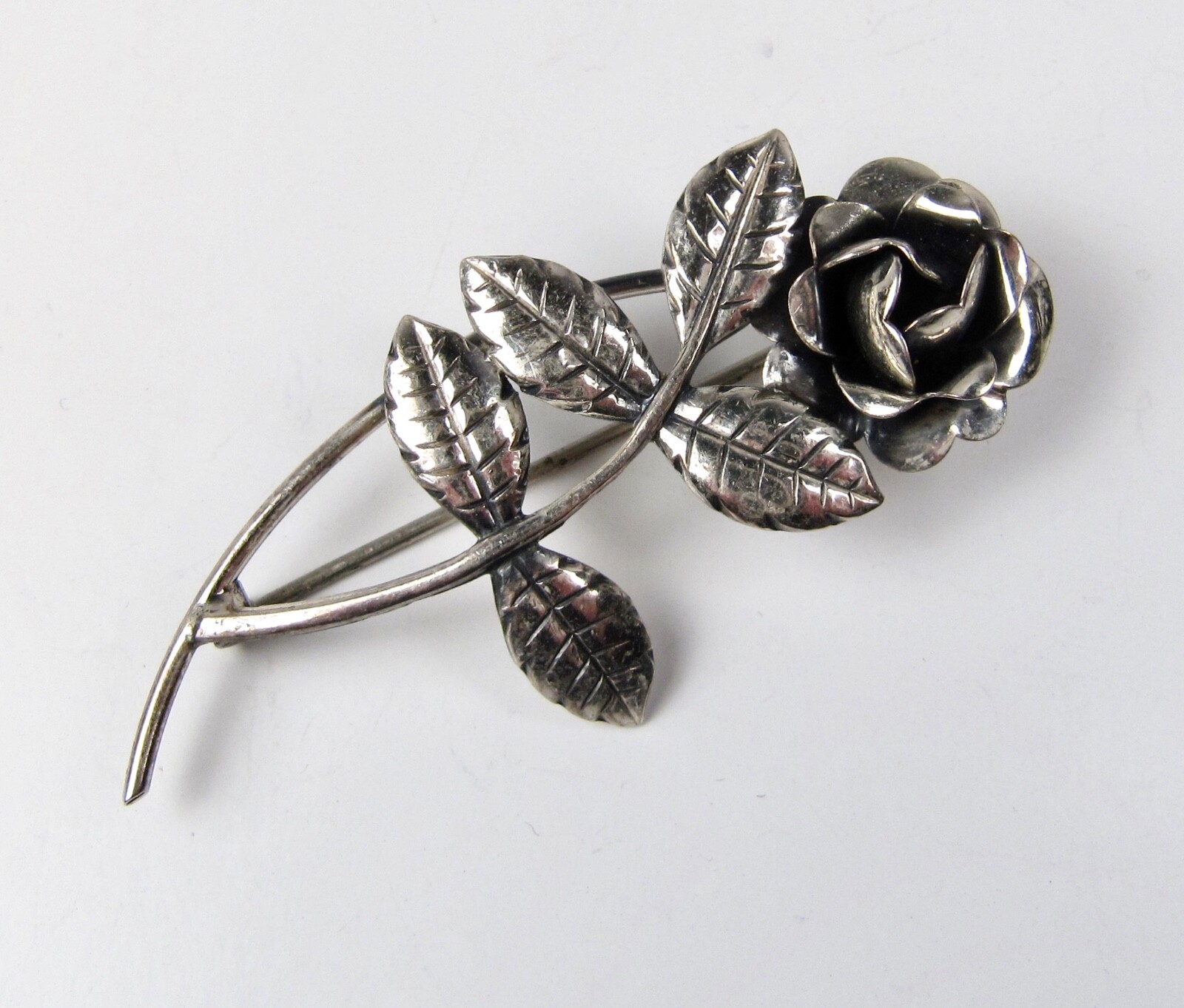 Vintage Sterling Silver Long Stem Cabbage Rose Flower Floral Leaves ...