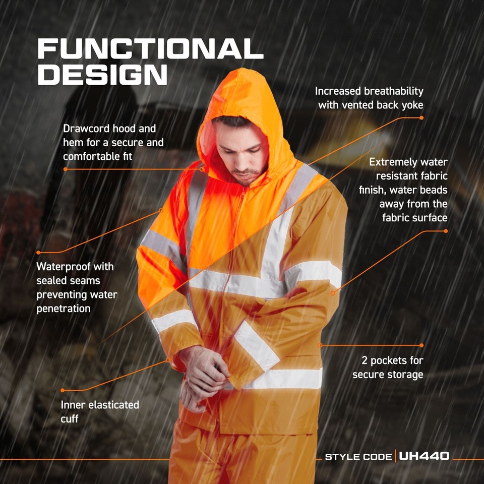 Portwest UH440 Mens Waterproof Hi Vis Rain Jacket Reflective ...