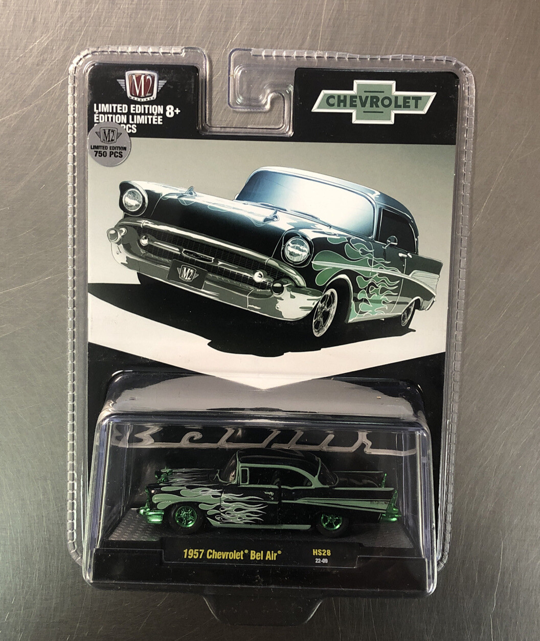 M2 MACHINES CHASE 1957 CHEVROLET BEL AIR HS28 BLACK W/FLAMES 1:64 SCALE ...