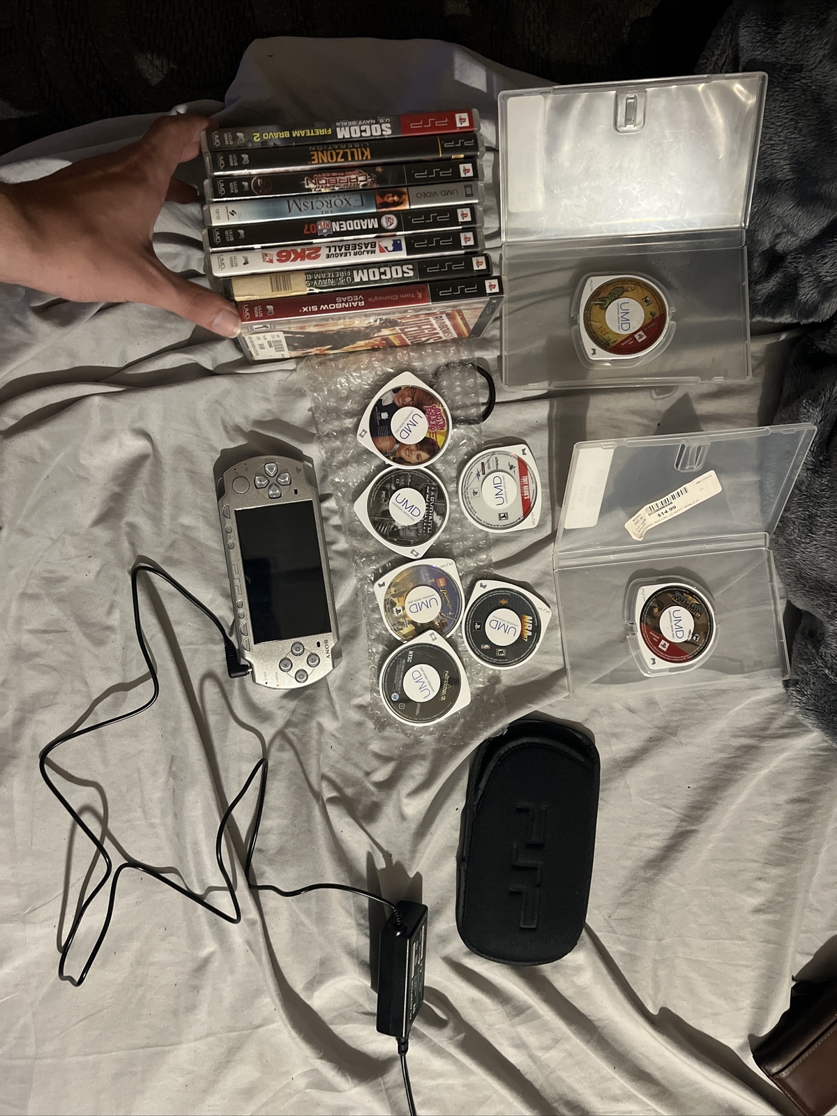 Silver Psp Bundle (all Tested And Working) 4 Movies & 12 Games, Charger ...