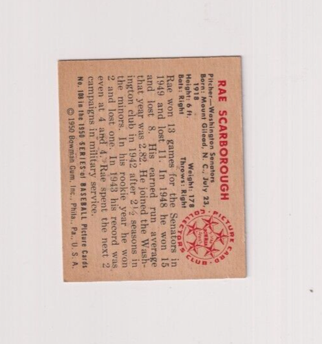 RAY RAE SCARBOROUGH 1950 BOWMAN BASEBALL VINTAGE CARD #108 WASHINGTON ...