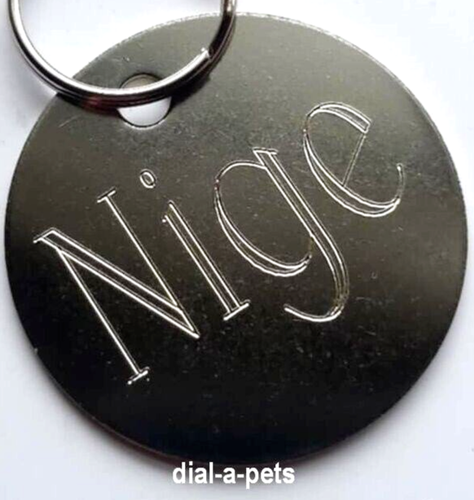 BRASS or SILVER ENGRAVED Pet Name Discs Med/Lge 30mm Dog identity DISC ...