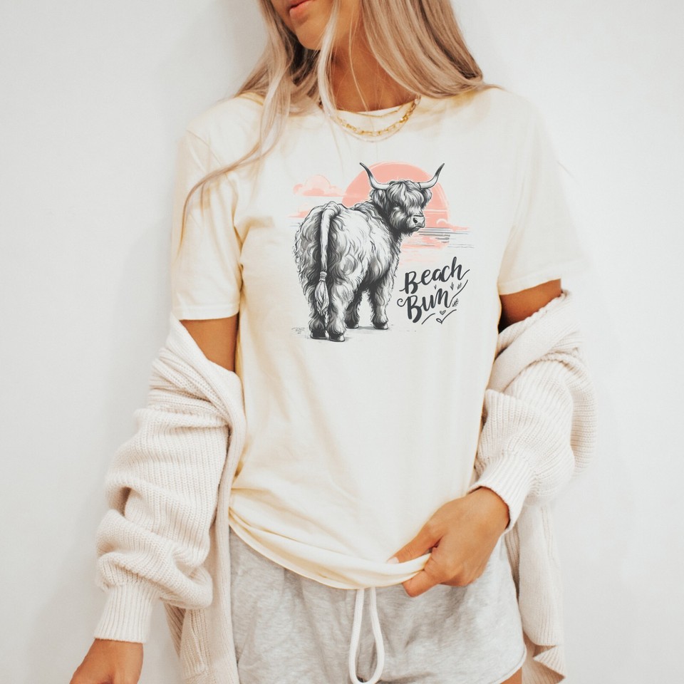 Fluffy Cow Beach Bum Tee Highland Heifer T Shirt Cute Cow Top | eBay