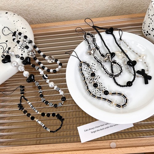 Black Beaded Mobile Phone Charms Ins Stringed Pearls Love Phone Lanyard ...