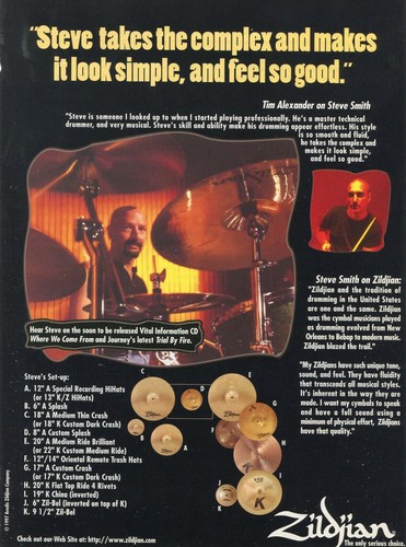 1997 Print Ad of Zildjian Drum Cymbal setup w Tim Alexander on Steve ...
