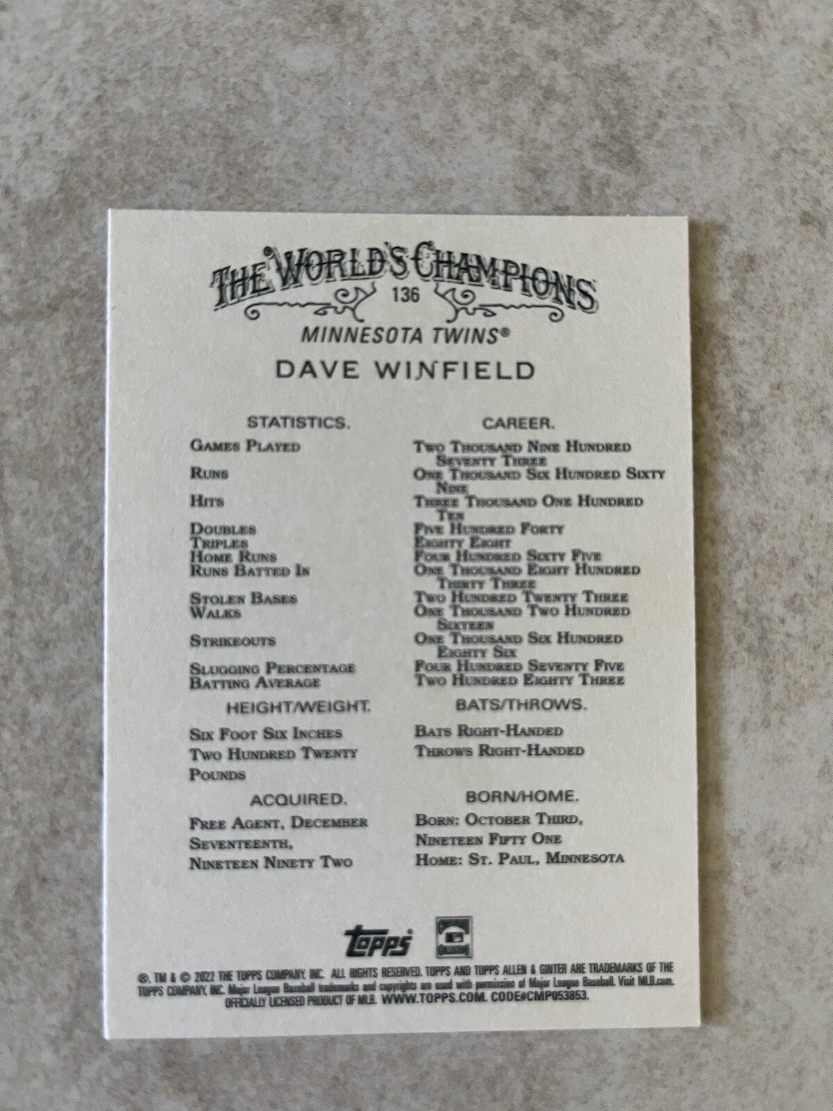 2022 Allen and Ginter Base Dave Winfield #136 MLB Minnesota Twins HOF ...