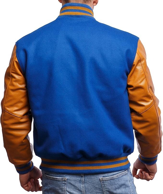 Varsity Base Premium Classic Snap Button Letterman Jacket, Blue/Gold Sz ...