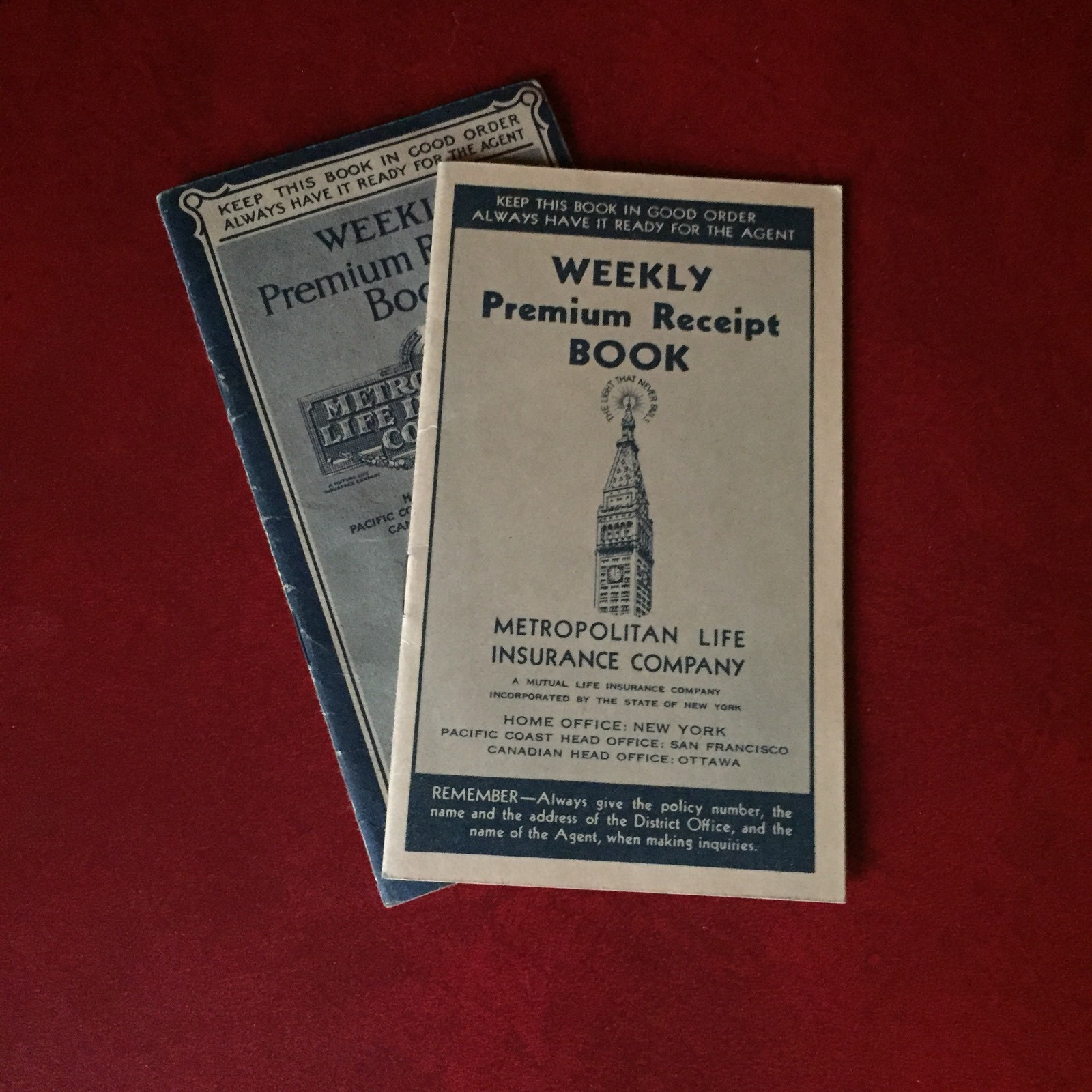 Weekly Premium Receipt Book 1930’s 1940’s Vintage Metropolitan Life ...