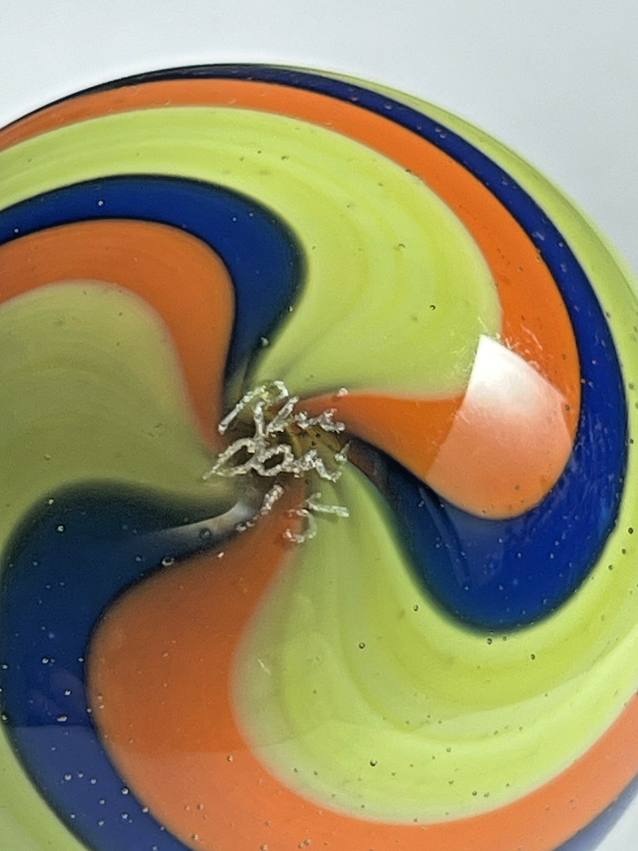 2015 RICK DAVIS MARBLE SIGNED HANDMADE GLASS ART 1.51" ORANGE BLUE ...