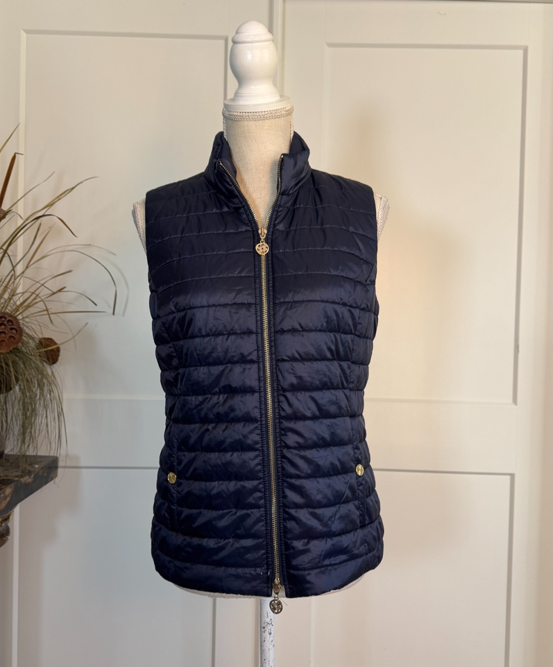 Lilly Pulitzer Quilted Puffer Vest SMALL Floral Navy Blue | eBay