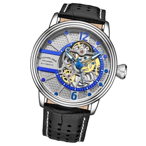 Stuhrling 3971 4 Automatic Skeleton Black Leather Strap Mens Watch | eBay