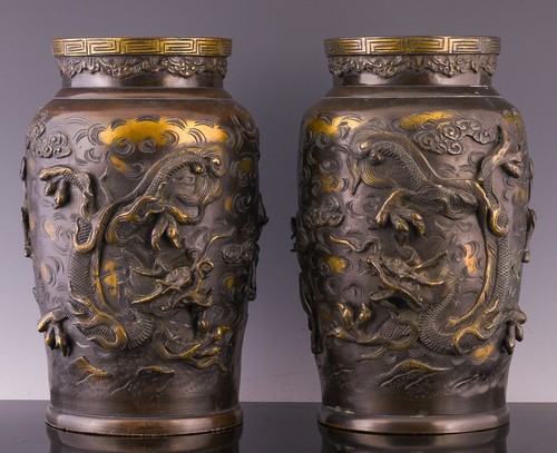 PAIR ANTIQUE 19THC JAPANESE MEIJI DRAGON FU LION EMBOSSED BRONZE VASES ...