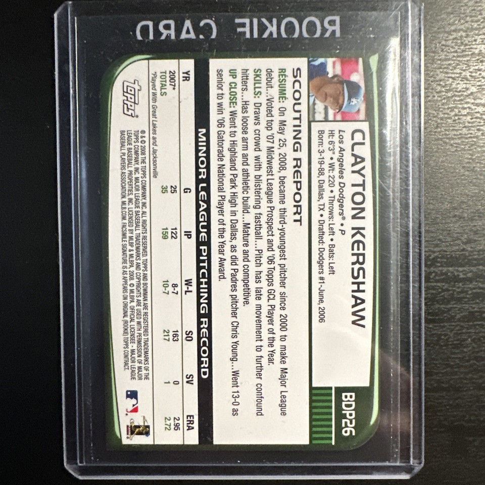 Clayton Kershaw 2008 Bowman Chrome RC #BDP26 Dodgers Topps Rookie Card ...