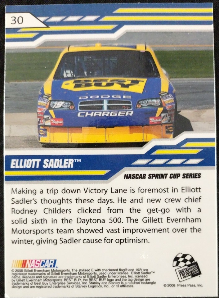 Elliot Sadler Signed Auto Autograph Trading Card Nascar Press Pass ...