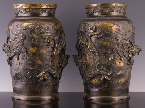 PAIR ANTIQUE 19THC JAPANESE MEIJI DRAGON FU LION EMBOSSED BRONZE VASES ...