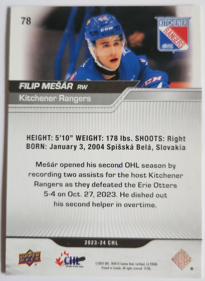 Filip Mesar Signed 2023-24 Upper Deck CHL Card #78 Rangers Autographed ...