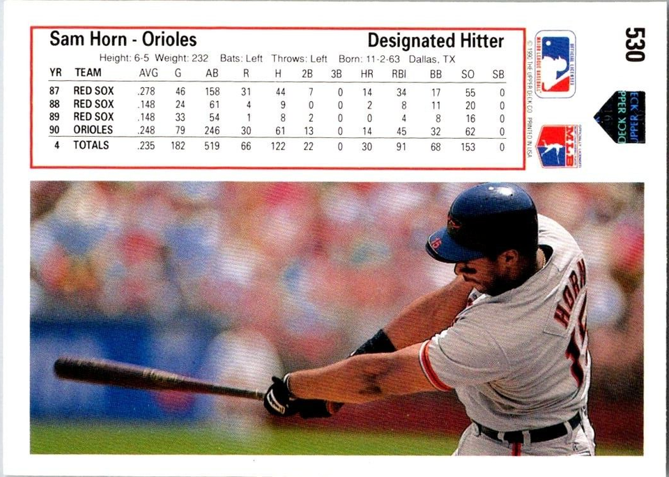 1991 Upper Deck Sam Horn #530 Baltimore Orioles Baseball Card MLB | eBay