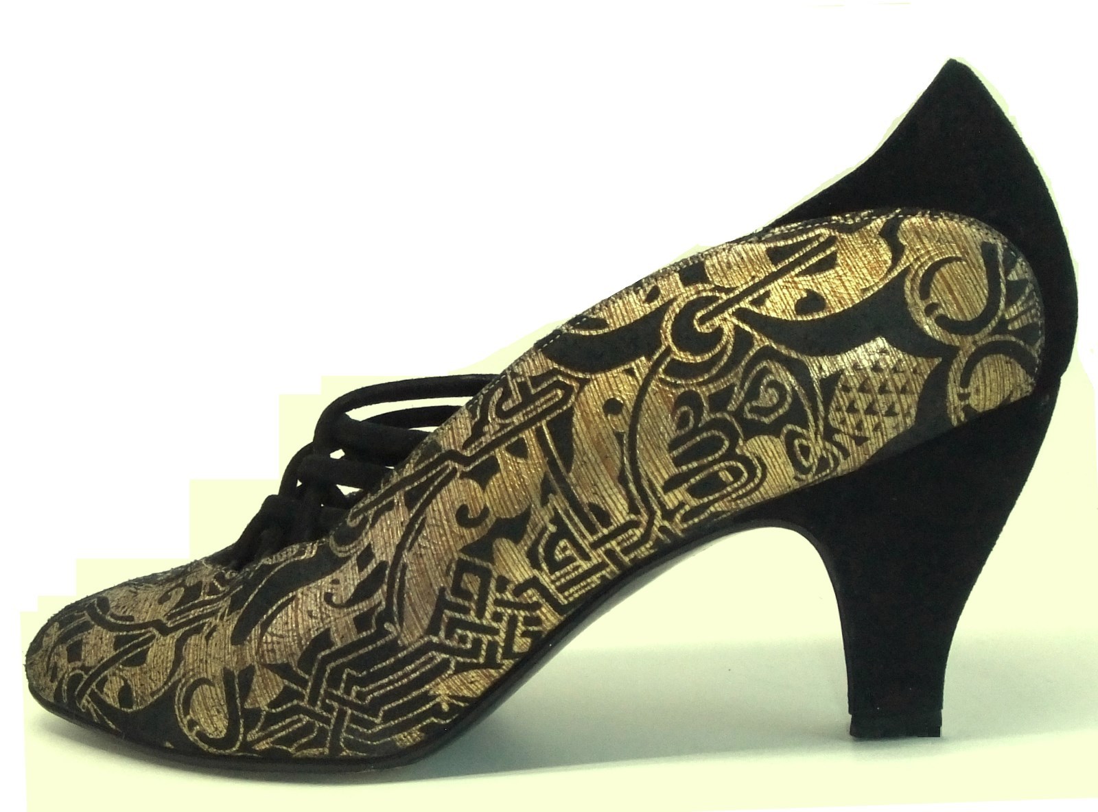 STUART WEITZMAN BLACK SUEDE & GOLD BROCADE PUMPS/SHOES, Curved Sides, 6 ...