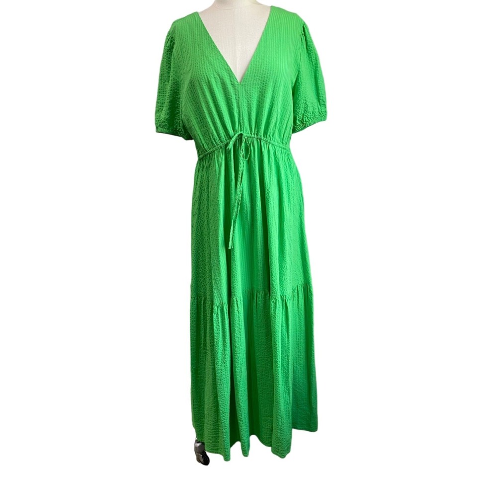 Mango MNG Bright Green V Neck Short Sleeve Maxi Tiered Dress Size 10 ...