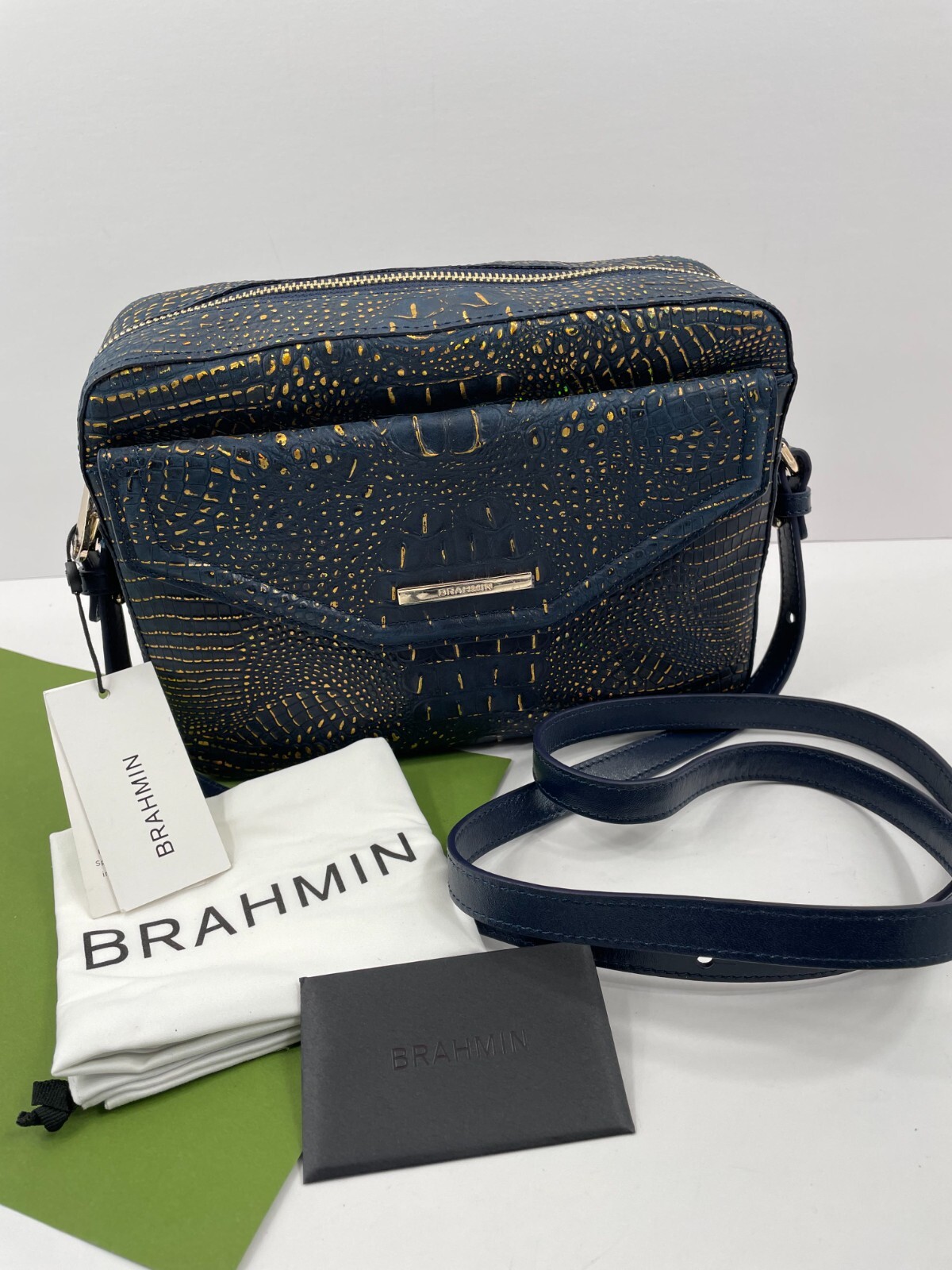 Brahmin Shea Ink Inverness Crossbody Camera Bag Navy Blue Metallic Wash ...