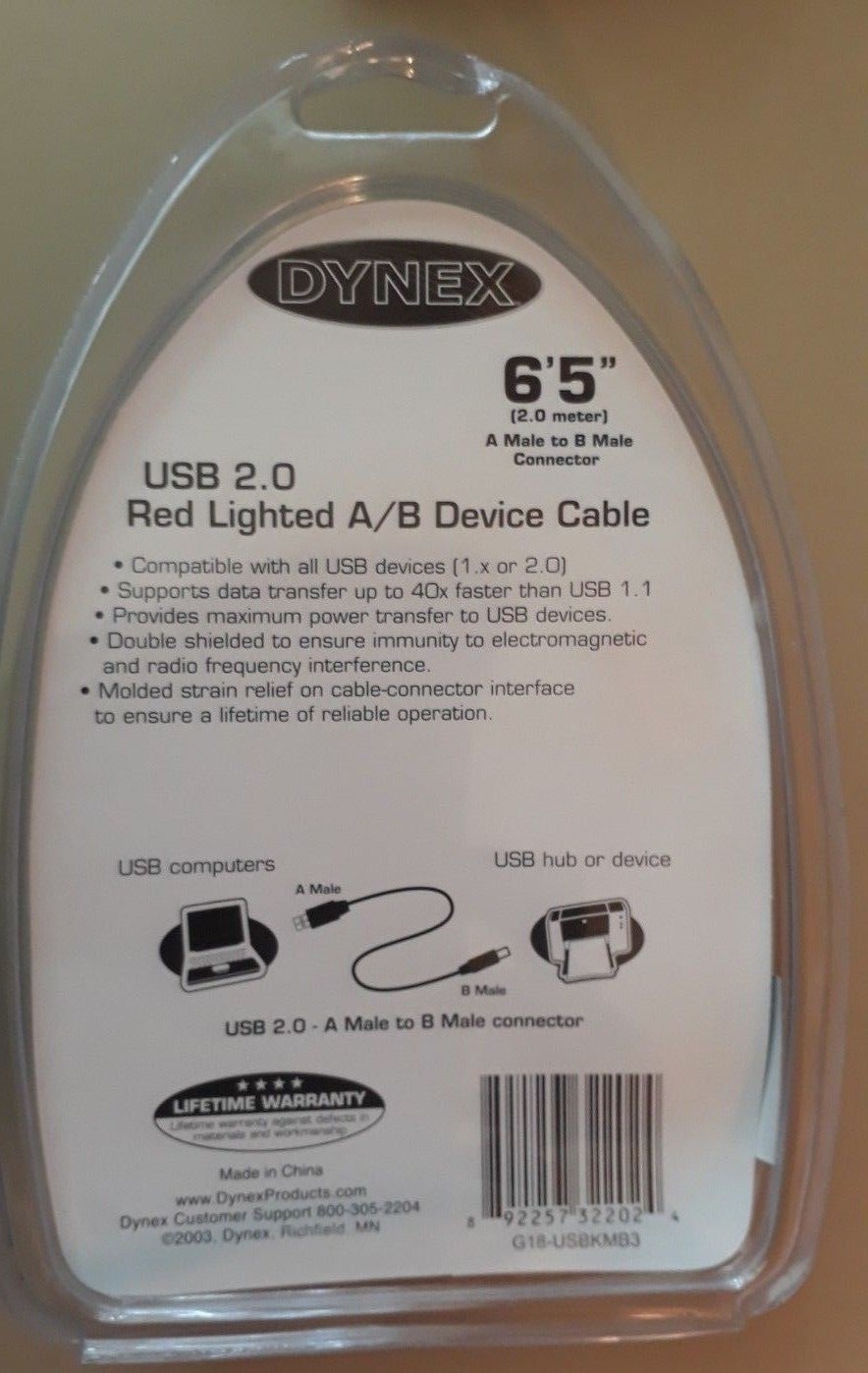 DYNEX USB 2.0 Red Lighted A/B Device Cable 6'5" A Male to B Male ...