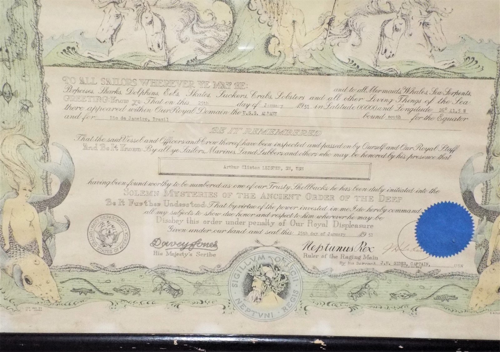 1951 Imperivm Neptvni Regis Certificate USS Albany Signed Navy Admiral ...